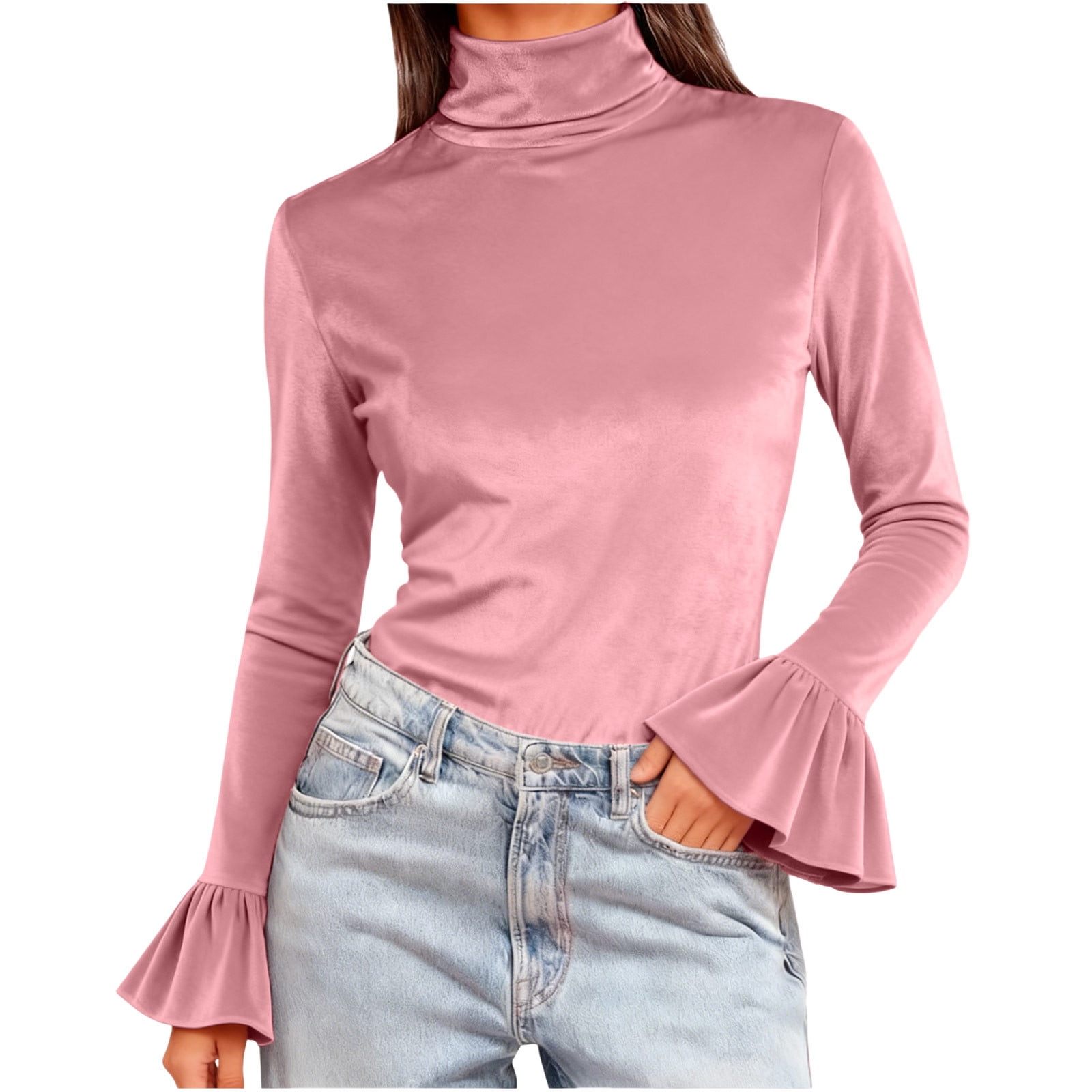 CHUMUD Women's Turtleneck Velvet Blouses Ruffle Long Sleeve Slim Fit ...