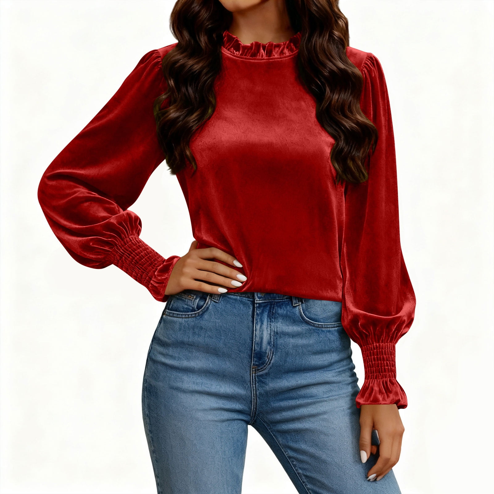 CHUMUD Women's Velvet Tunic Tops Casual Crewneck Flared Sleeve Shirts ...