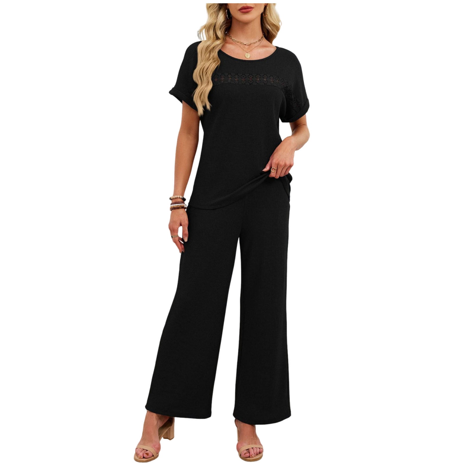 CHUMUD Womens 2 Piece Pajama Sets Short Sleeve Crew Neck Tops and Pants ...