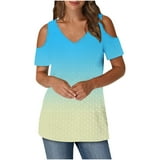 CHUMUD Womens Cold Shoulder Tops Gradient Color V Neck Short Sleeve ...
