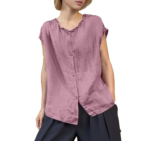CHUMUD Womens Cotton Linen Tops Crew Neck Sleeveless Blouse Button Down ...