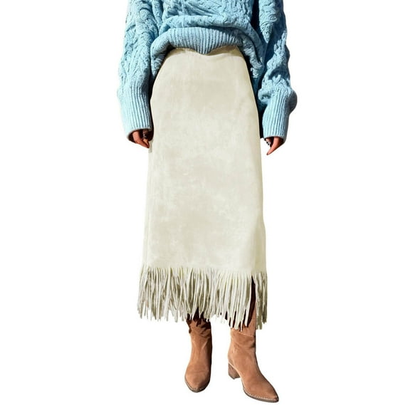 CHUMUD Womens Faux Suede Fringe Trim Midi Skirt Casual High Waist ...