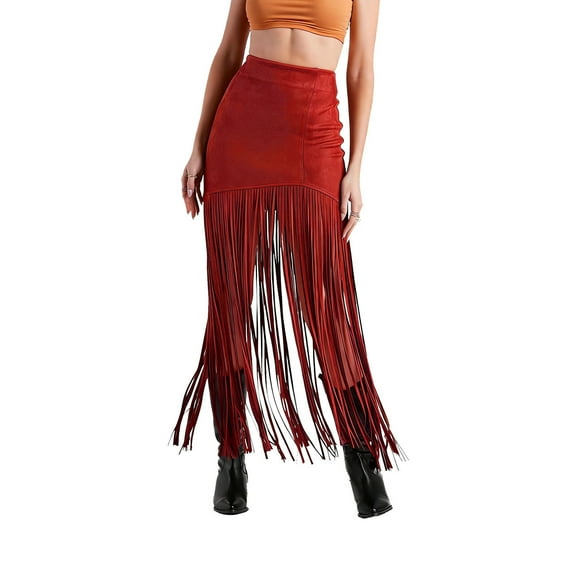 CHUMUD Womens Fringe Skirts Asymmetric Fringe Western Faux Suede Tassel ...