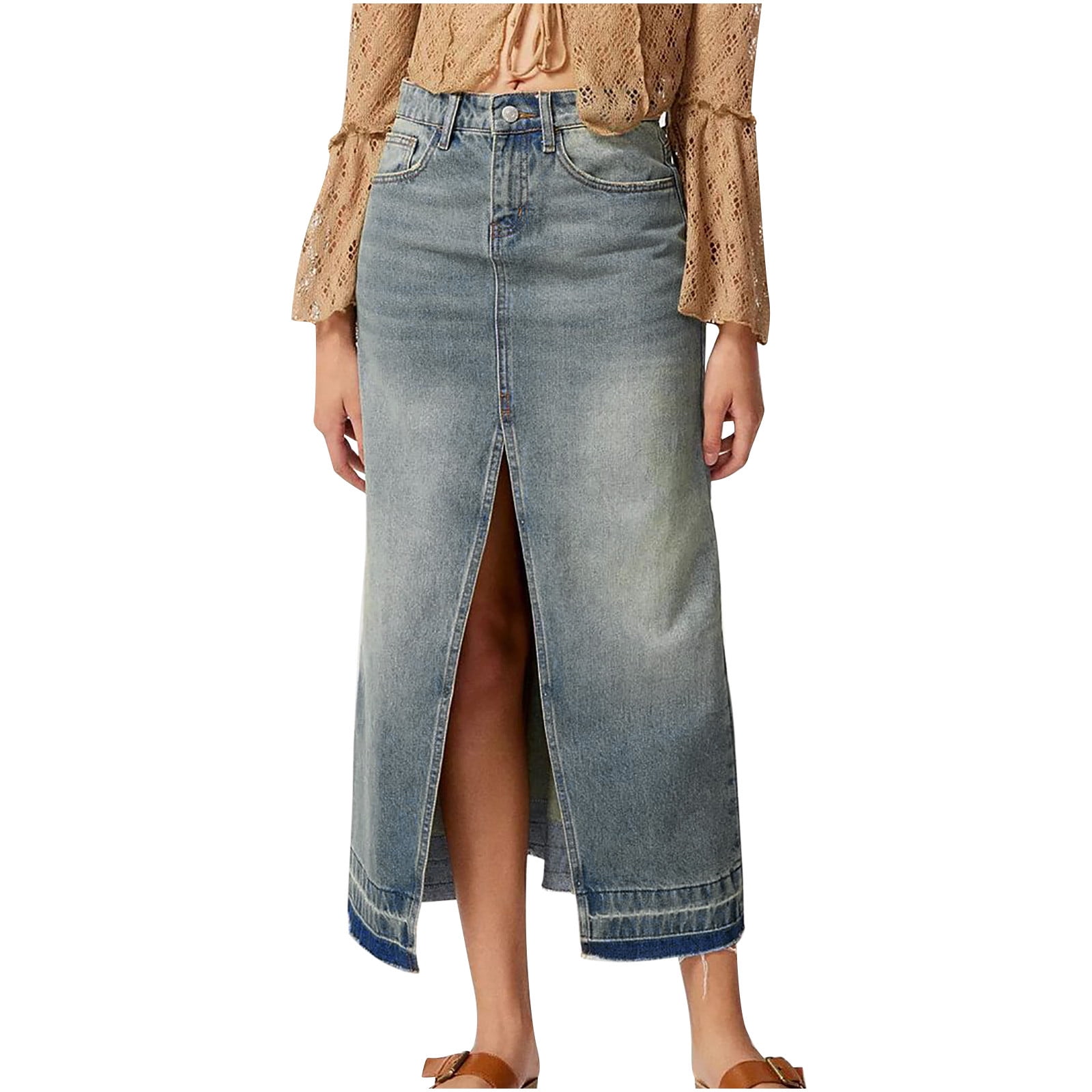 CHUMUD Womens Jean Skirts High Waisted Trendy Slit Stretchy Denim Skirt ...