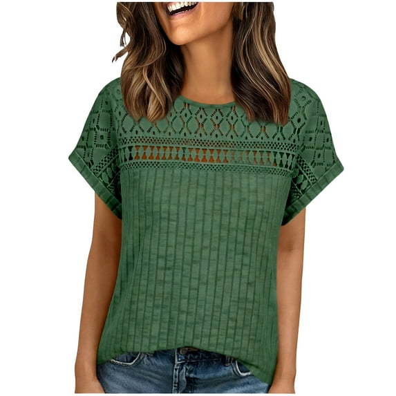 CHUMUD Womens Lace Tops Short Sleeve Crew Neck Loose Fitted Casual Tee ...