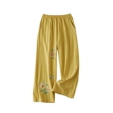 CHUMUD Womens Linen-Cotton Pants Embroidered Elastic Waist Straight-Leg ...