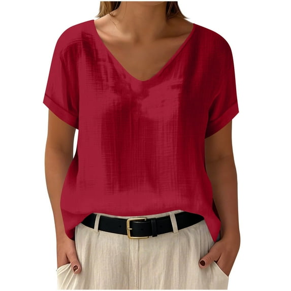 CHUMUD Womens Linen Tops Short Sleeve V Neck Blouse Loose Fitted Casual ...