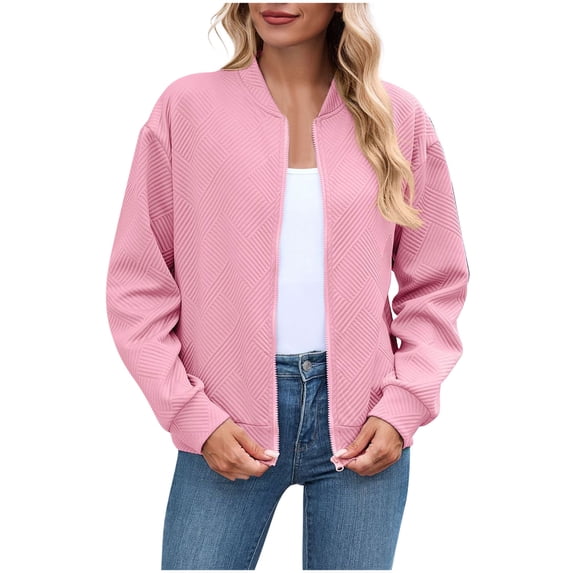 CHUMUD Womens Pilot Jacket Casual Stand Collar Zip Up Textured Knit ...