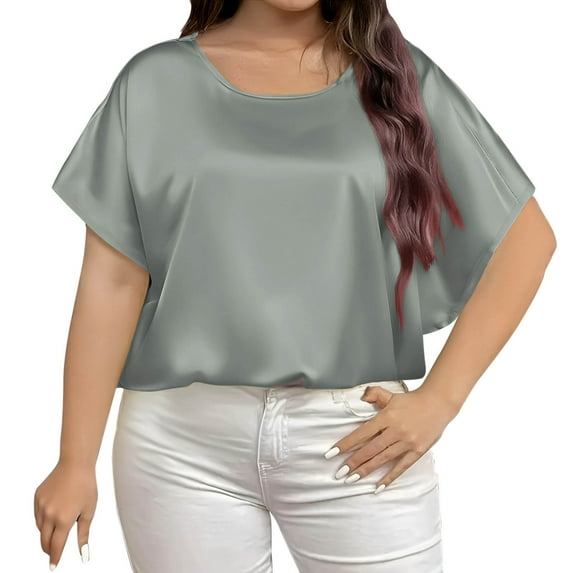 CHUMUD Womens Plus Size Satin Tops Short Sleeve Crew Neck Blouse Loose ...