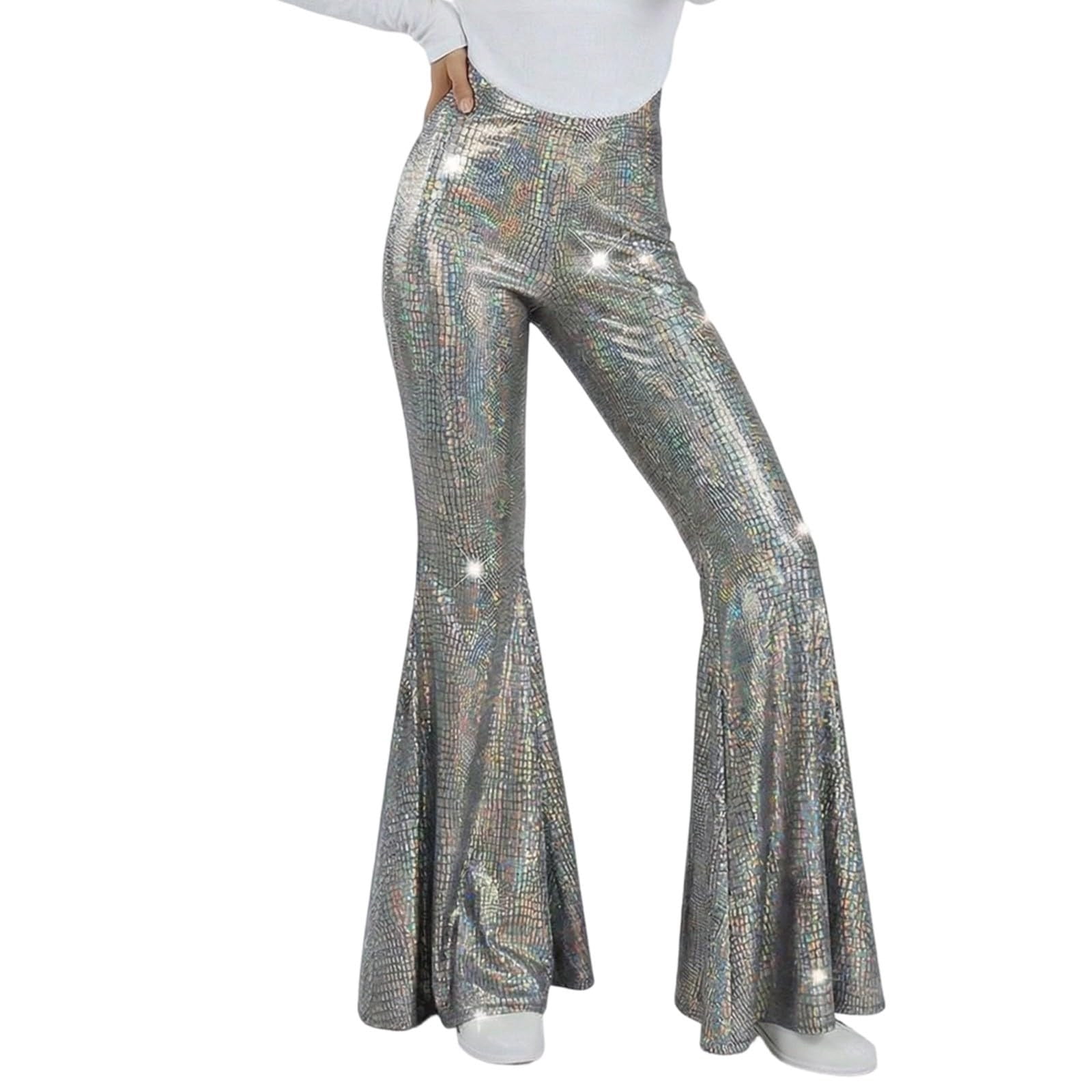 CHUMUD Womens Sequin Flare Pants Sparkly High Waisted Leg Bell Bottom ...