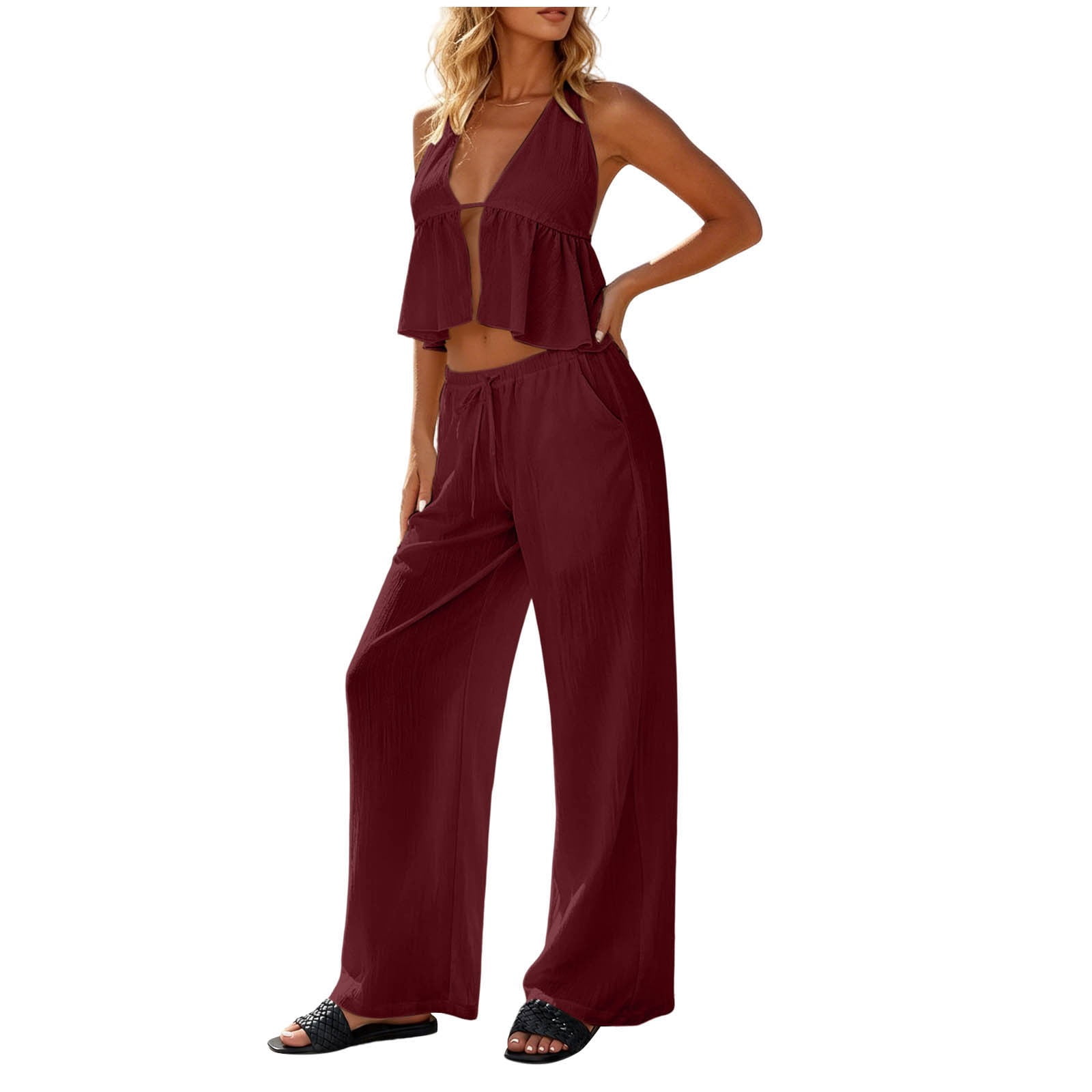 CHUMUD Womens Sets 2 Piece Outfits Summer Trendy V-Neck Sleeveless ...
