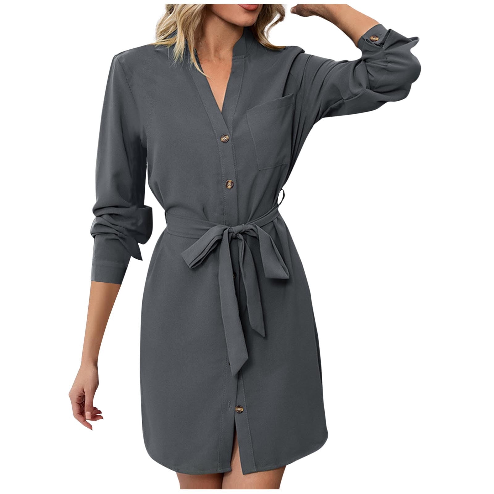 CHUMUD Womens Shirt Dresses Casual Long Sleeve Button Down Belted Mini ...