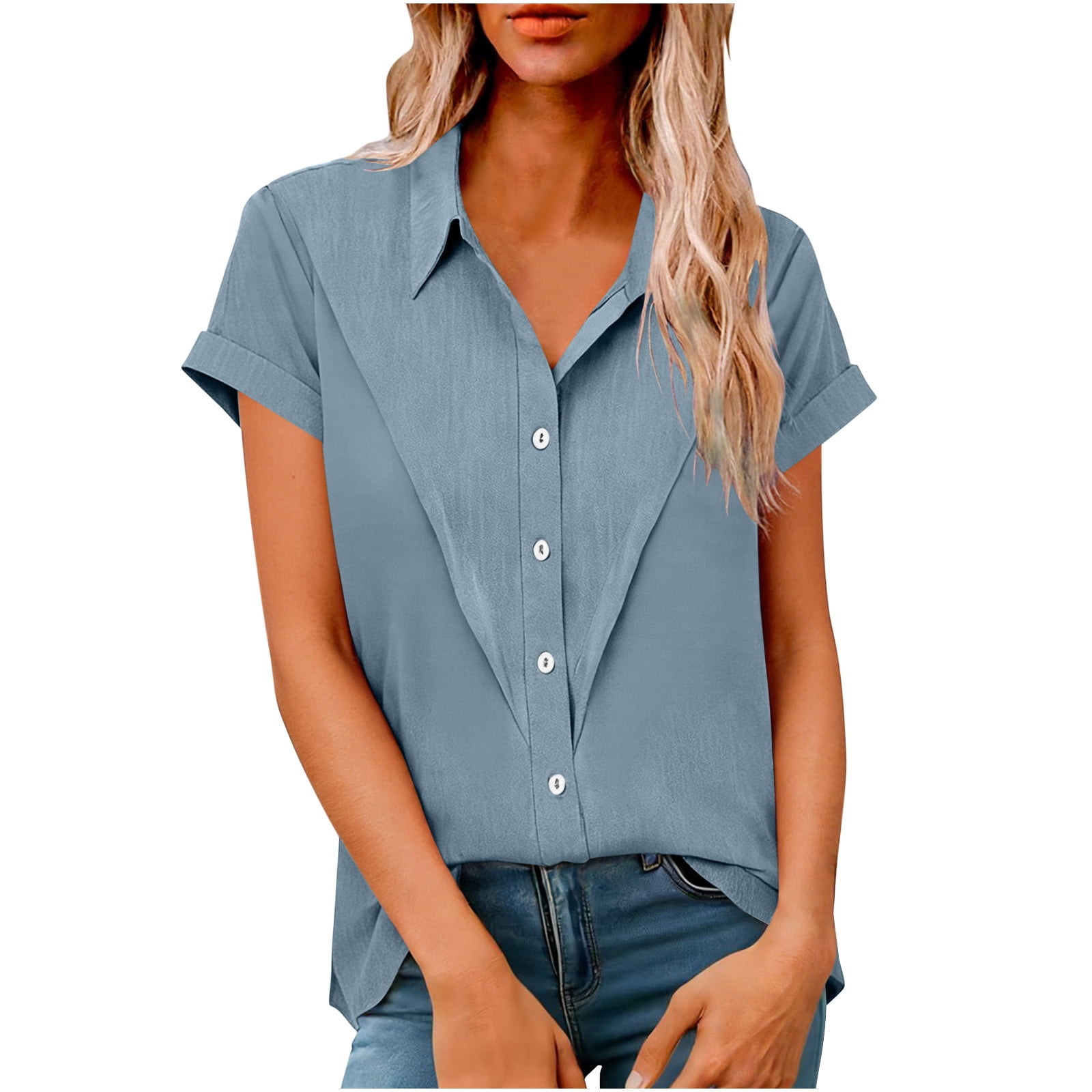 CHUMUD Womens Shirts Short Sleeve Collared Tops Button Down Casual ...