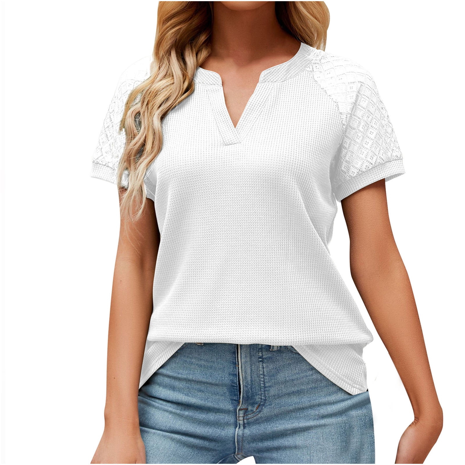 CHUMUD Womens Short Sleeve Tops Summer Waffle T Shirts V Neck Casual ...