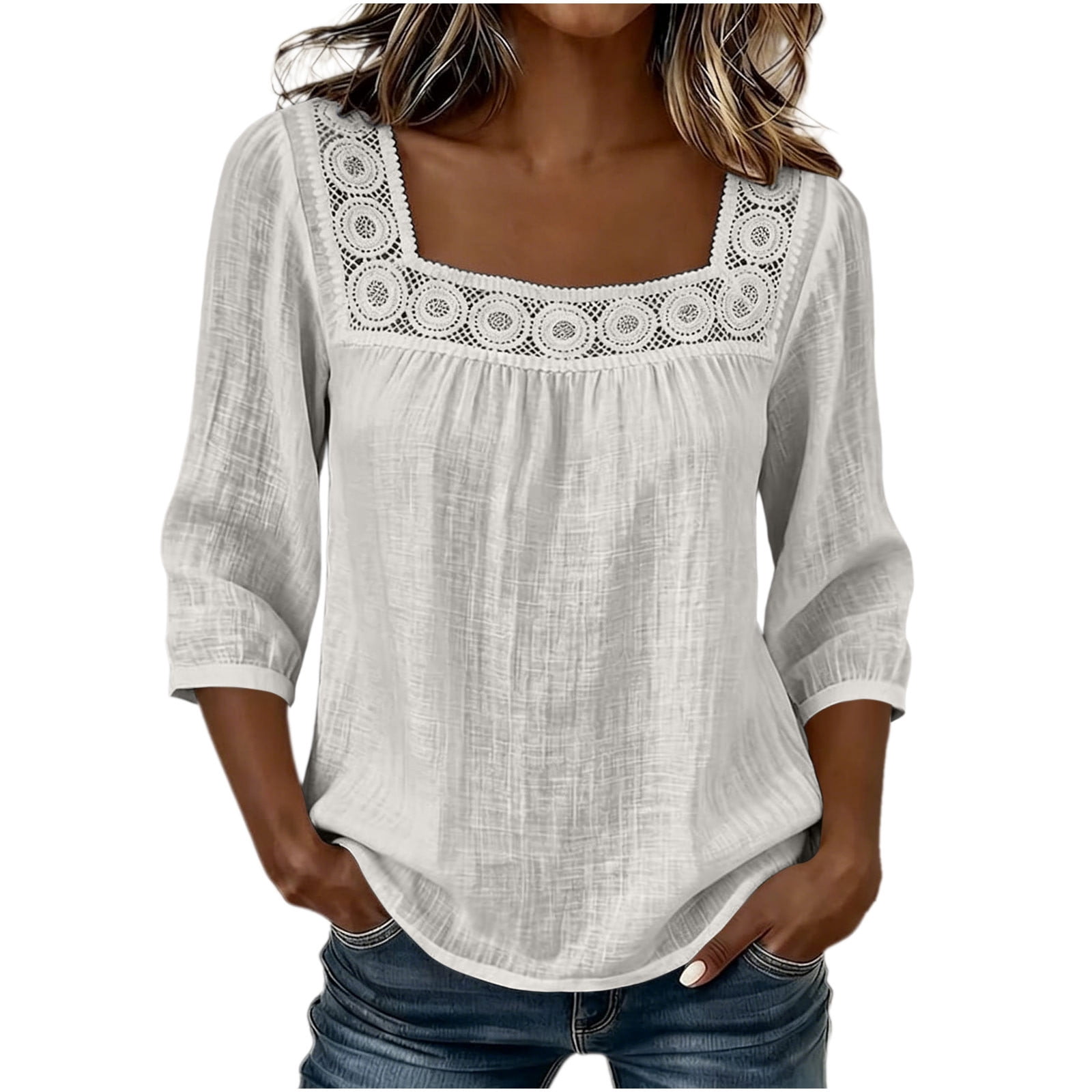 CHUMUD Womens Summer 3/4 Sleeve Tops Trendy Square Neck Lace Trim ...