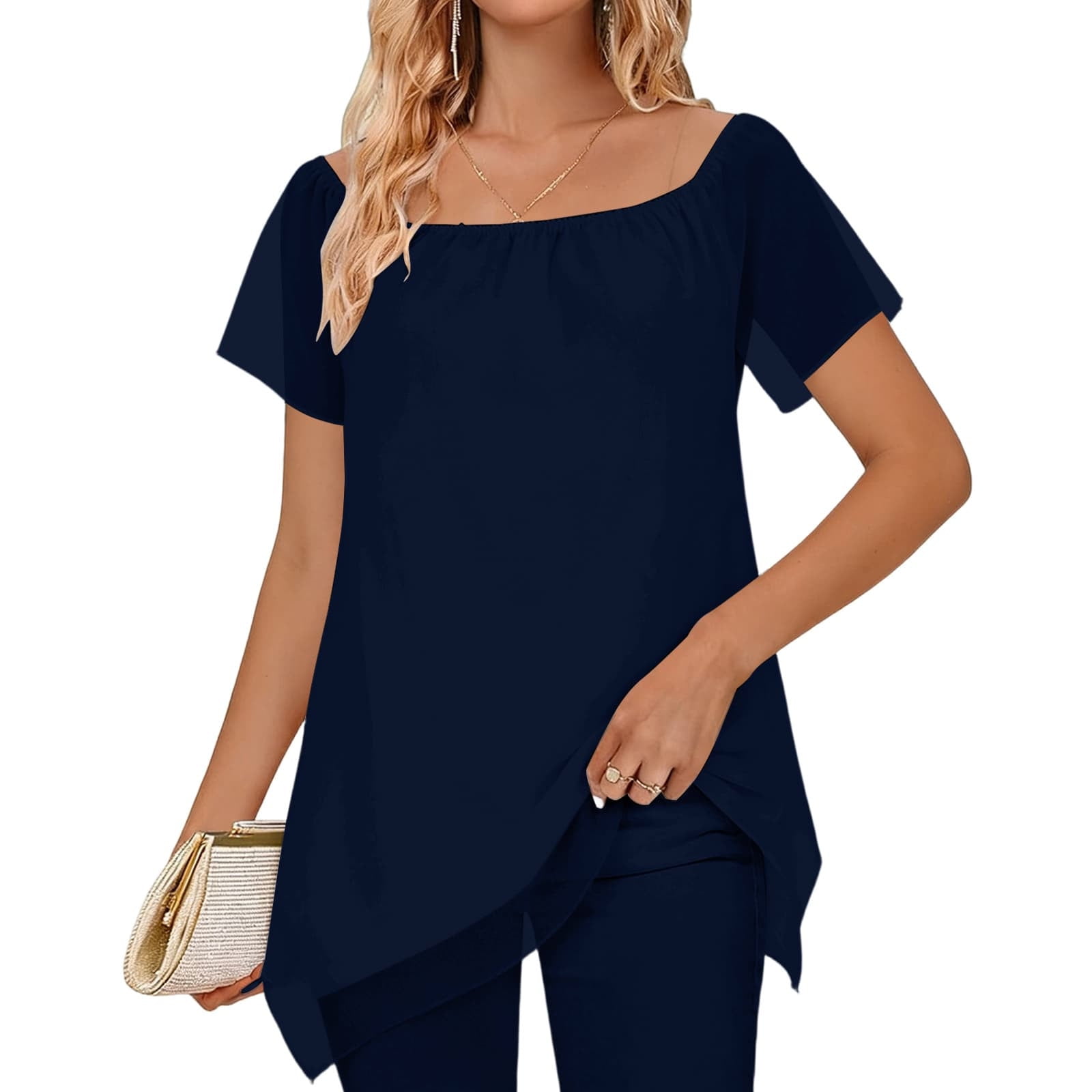CHUMUD Womens Summer Chiffon Tops Off the Shoulder Short Sleeve Blouse ...