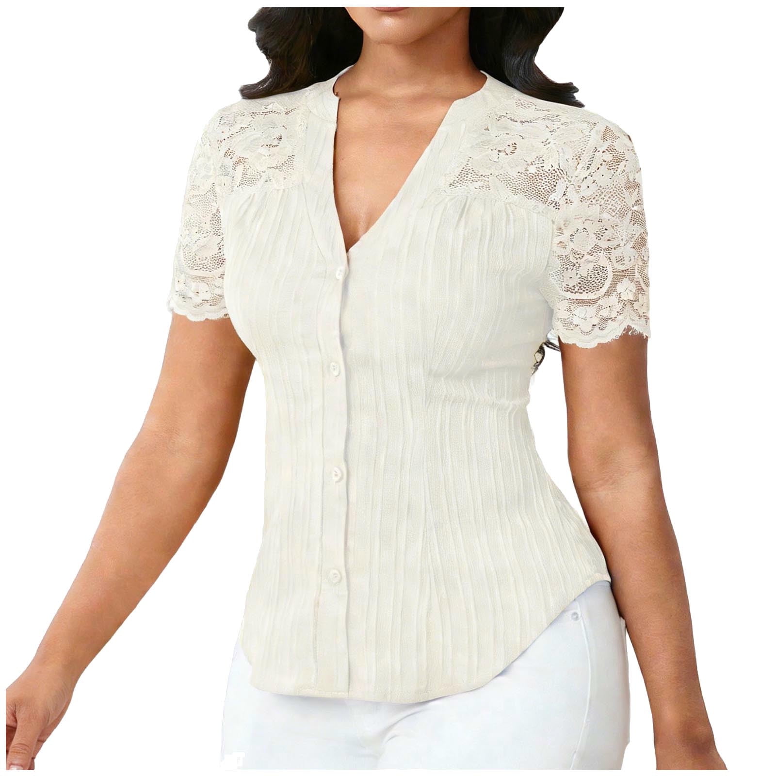 CHUMUD Womens Summer Lace Tops Short Sleeve Casual Blouse V Neck Button ...