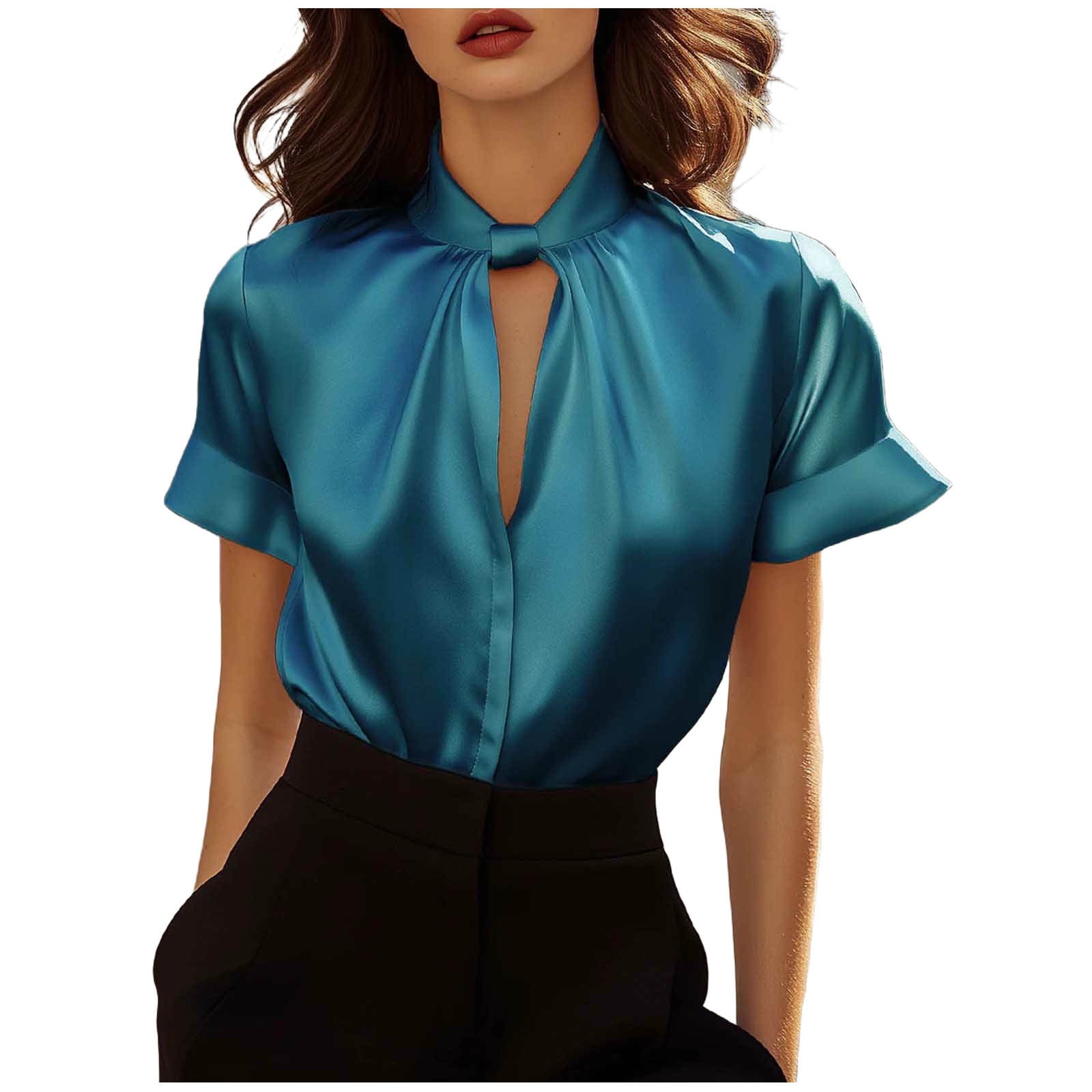 CHUMUD Womens Summer Satin Tops Short Sleeve Casual Blouse Stand ...