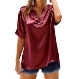 CHUMUD Womens Summer Satin Tops Short Sleeve Casual Blouse V Neck Front ...