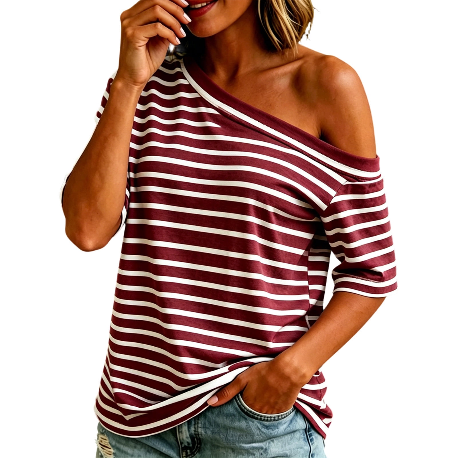 CHUMUD Womens Summer Short Sleeve Tops Trendy Striped Off-Shoulder Top ...