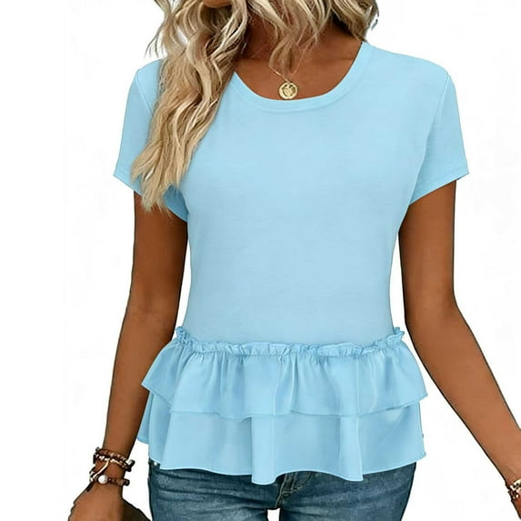 CHUMUD Womens Summer Tops Short Sleeve Crew Neck Top Patchwork Hem ...