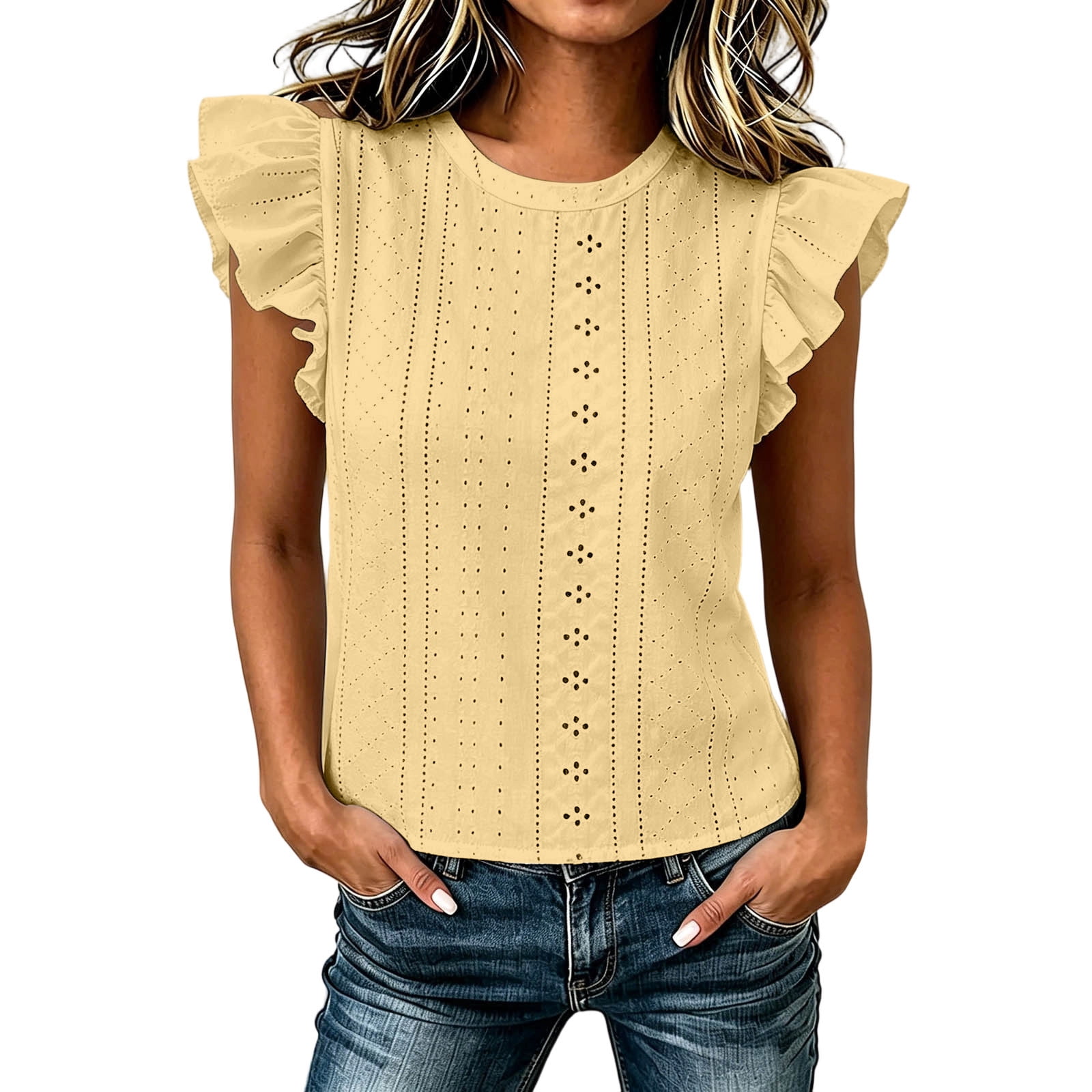 CHUMUD Womens Summer Tops Trendy Round Neck Textured Blouse, Casual ...