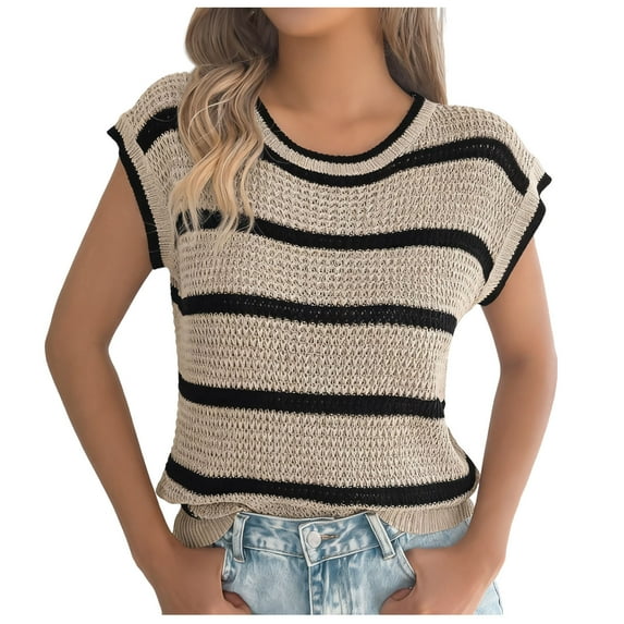 CHUMUD Womens Sweater Tops Summer Cap Sleeve Top Casual Crew Neck ...