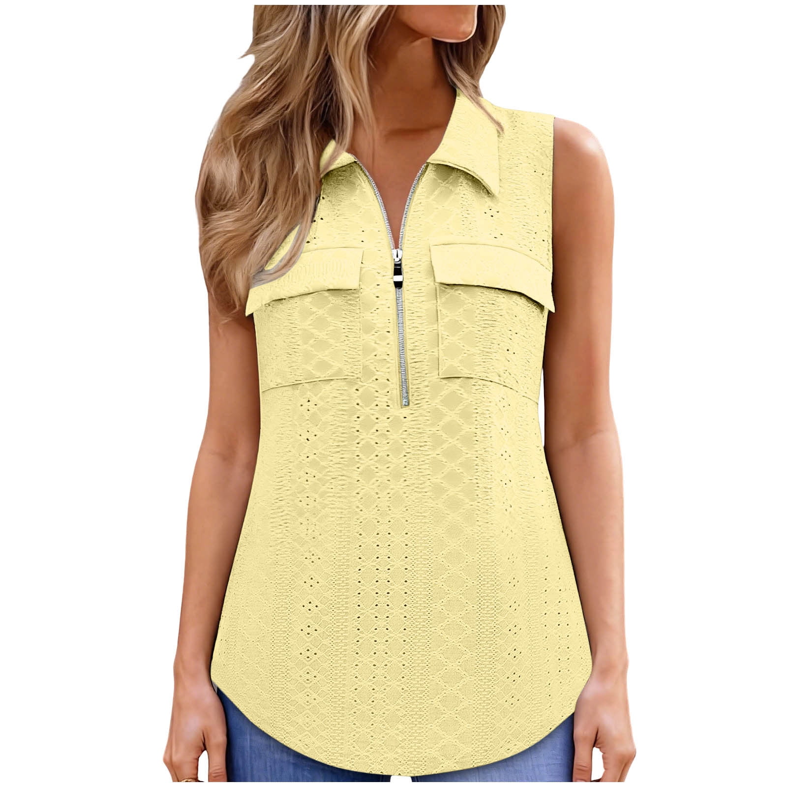 CHUMUD Womens Tank Tops Collared Quarter Zip Blouses Sleeveless V Neck ...