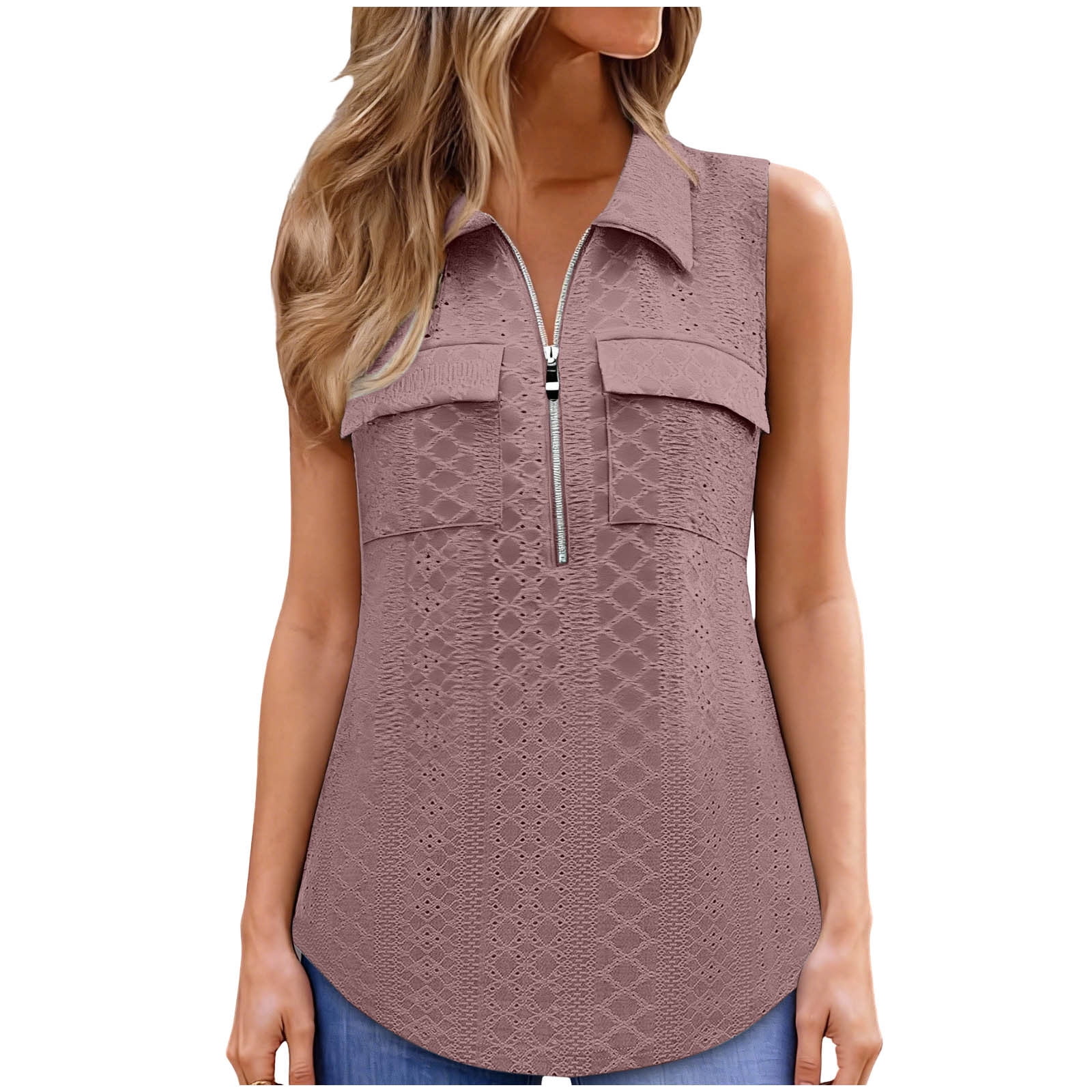 CHUMUD Womens Tank Tops Collared Quarter Zip Blouses Sleeveless V Neck ...