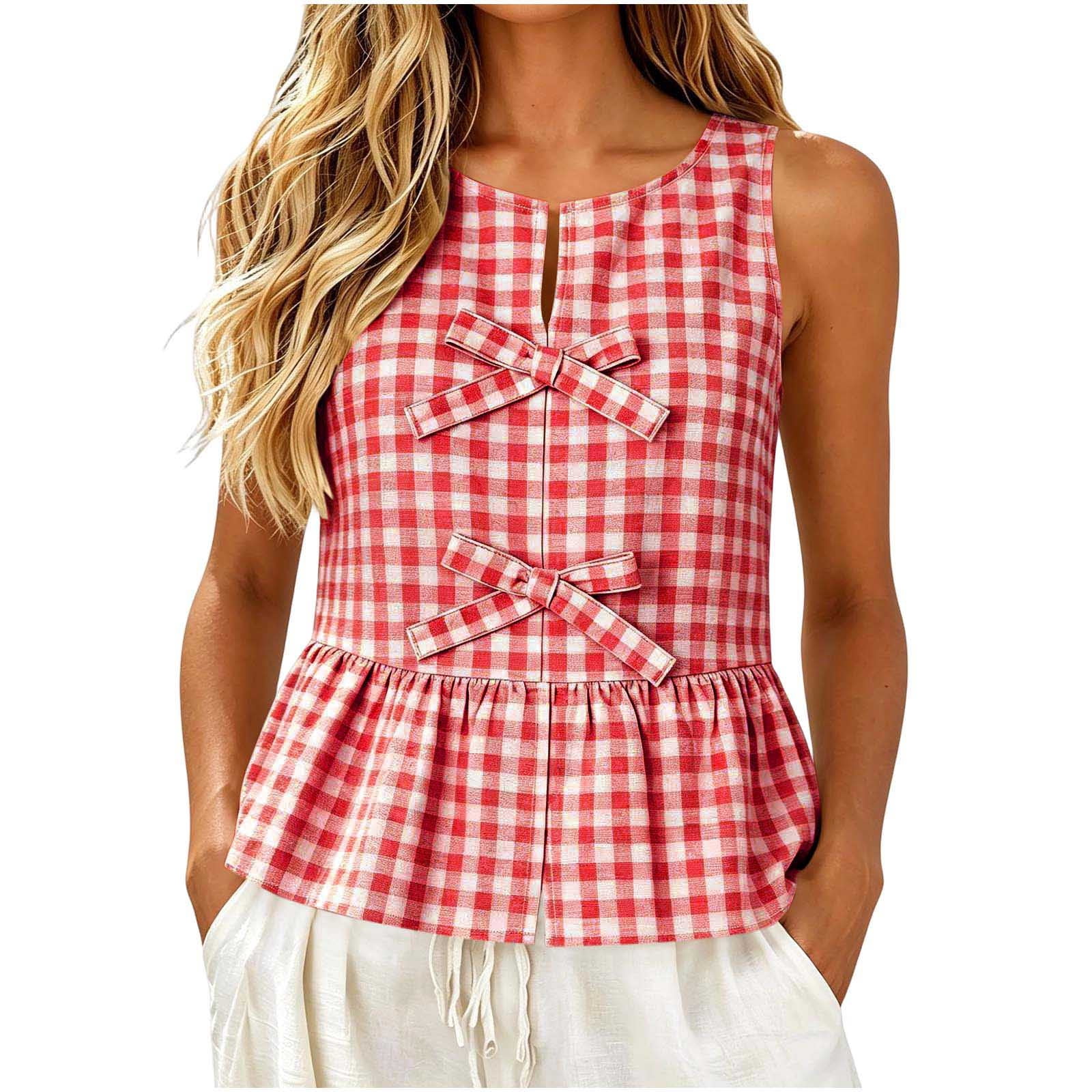 CHUMUD Womens Tank Tops Summer Casual Top Plaid Square Neck Peplum ...