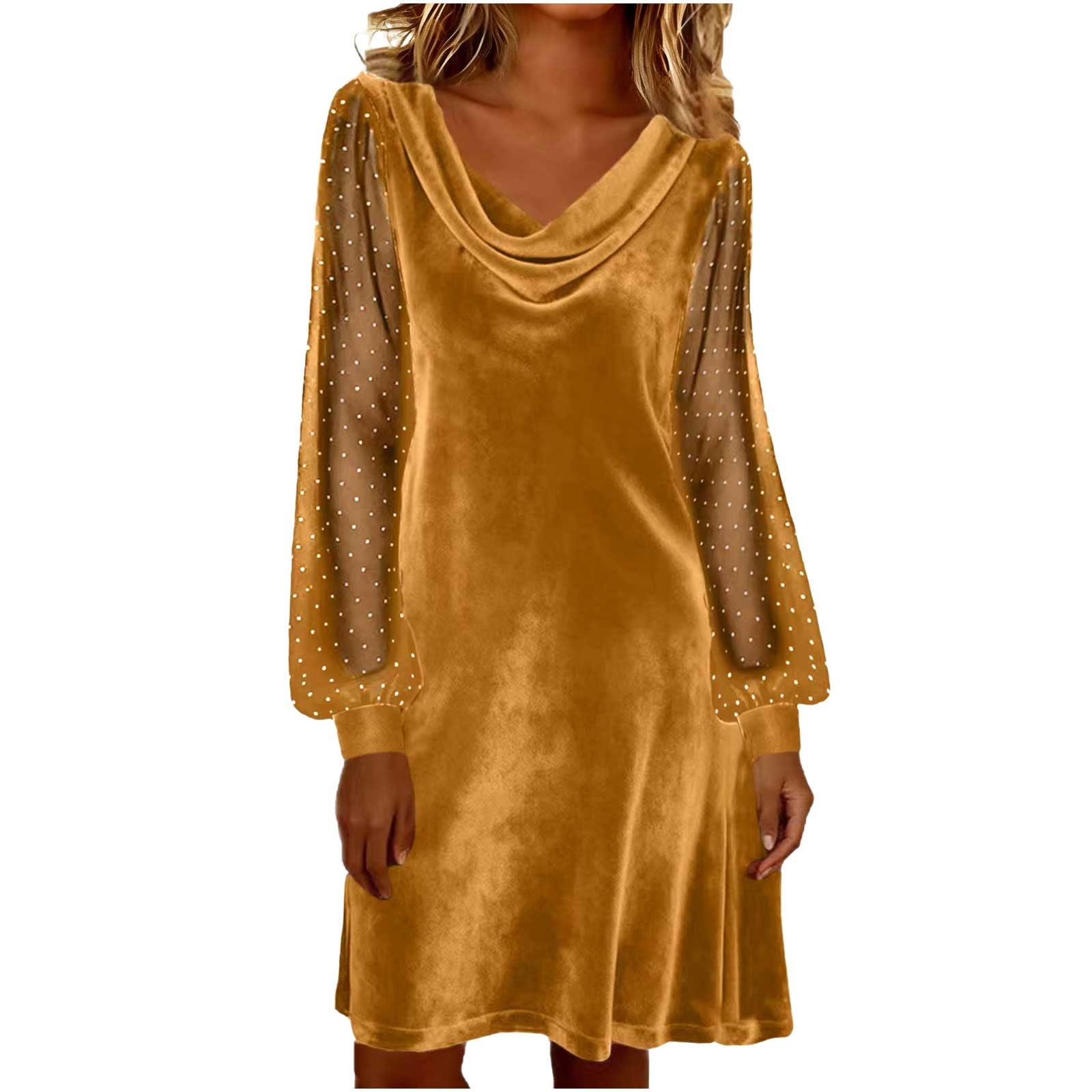 CHUMUD Womens Velvet Dresses Sheer Mesh Long Sleeve Midi Dress Cowl ...
