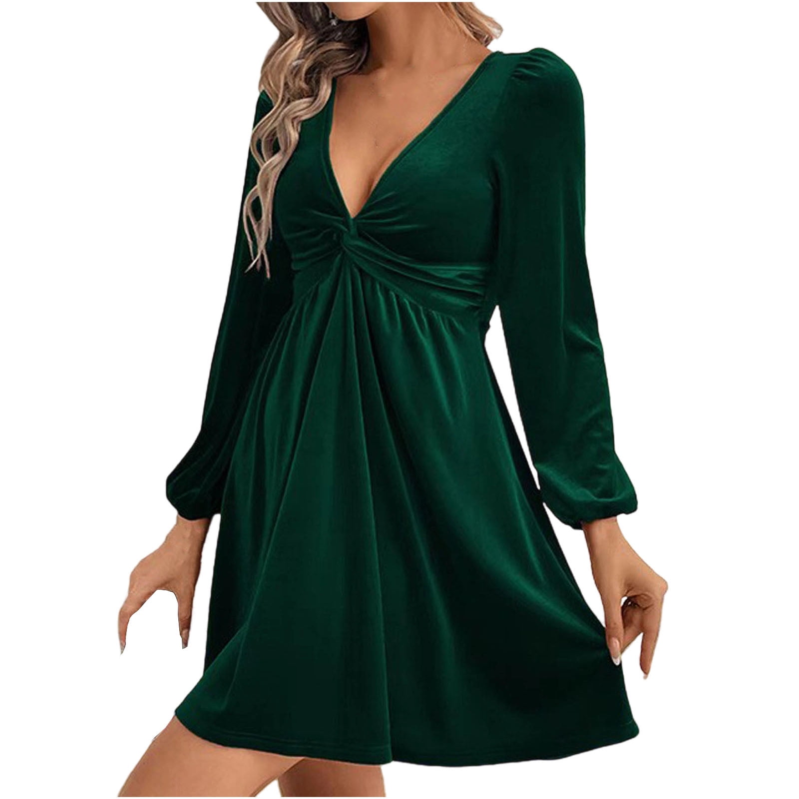 CHUMUD Womens Velvet Mini Dresses Long Sleeve Casual Deep V Neck Twist ...