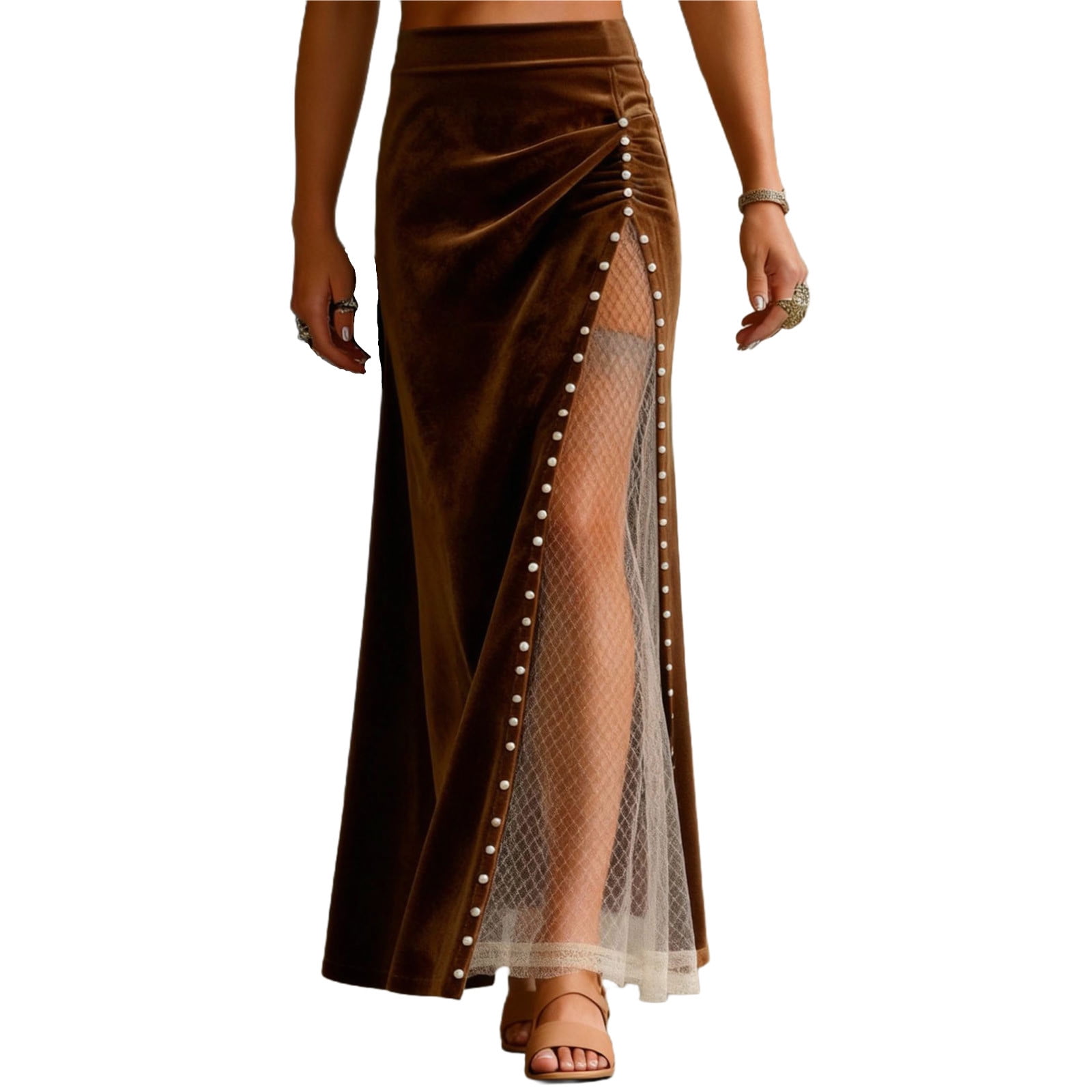 CHUMUD Womens Velvet Skirts Asymmetric Hem Slit Western Mesh Pearl ...
