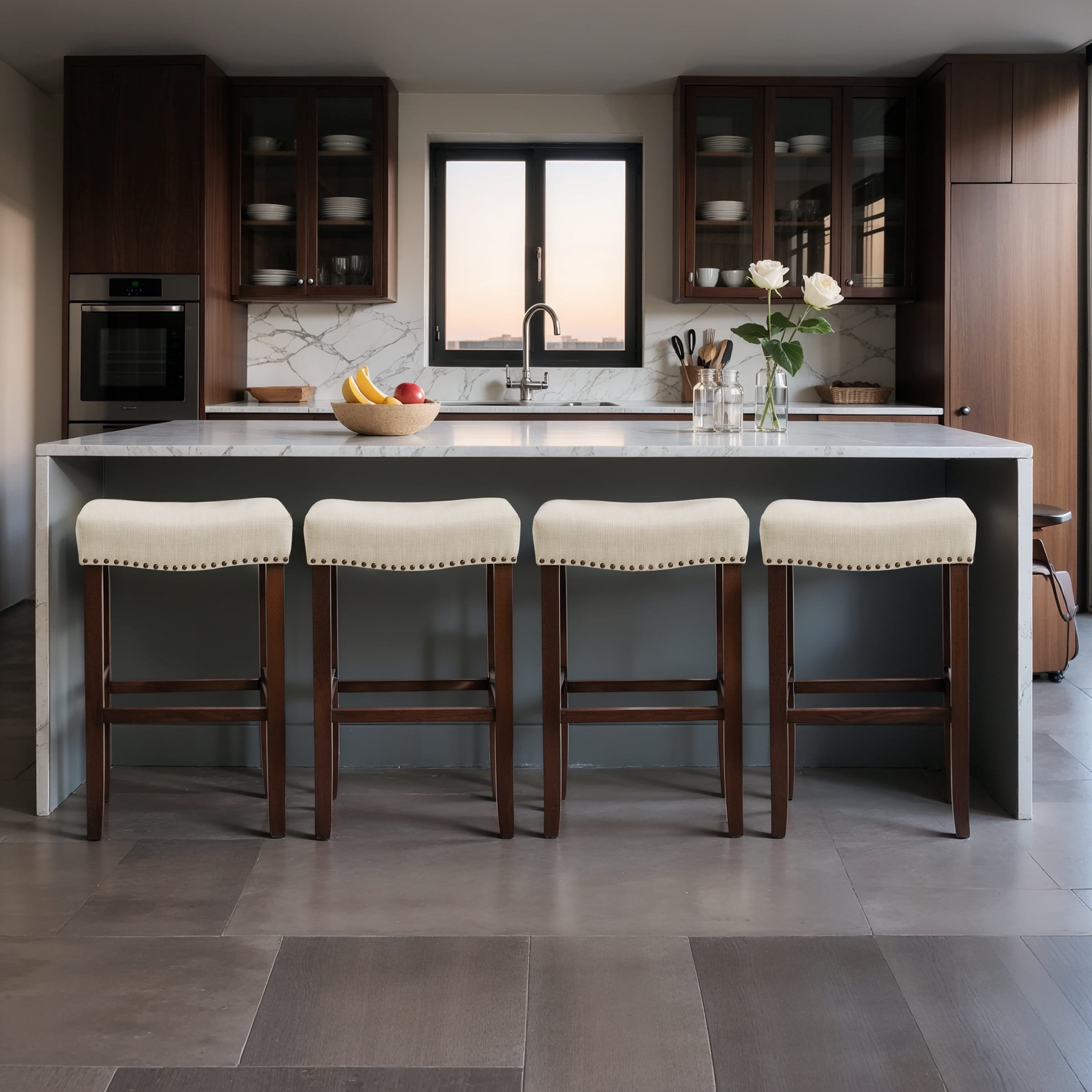 CHUN YI 24" Backless Counter Height Bar Stools, Upholstered Saddle Seat, Set of 4, Ivory ...