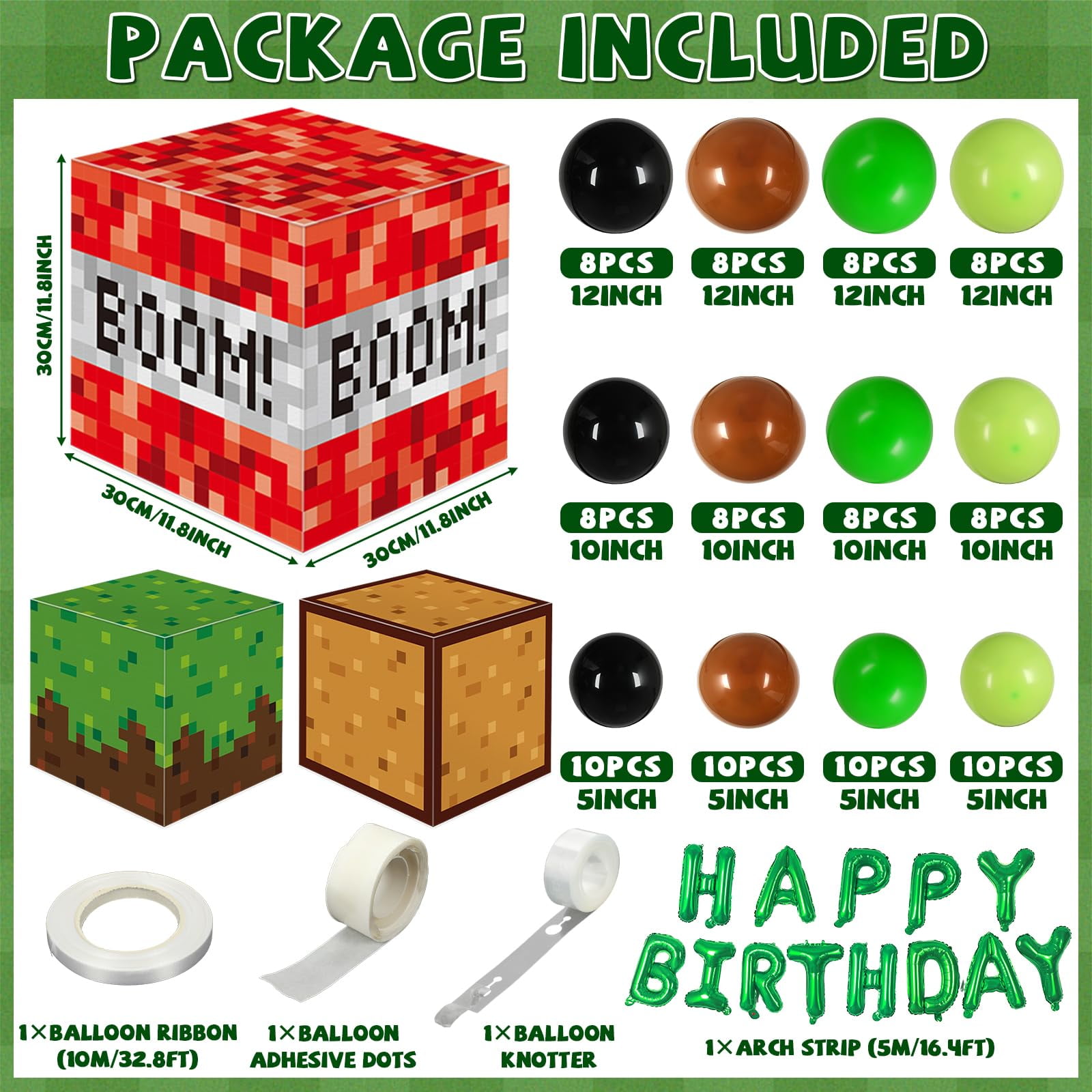 CHUNNIN 110Pcs AJH3 Happy Birthday Party Decorations Set Miner Balloon ...