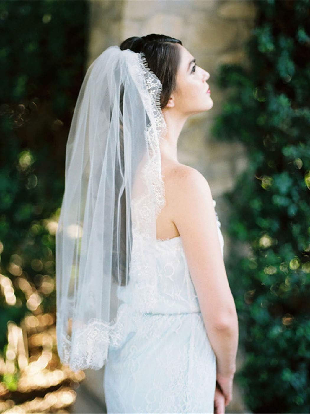 CHUNTIAN 2 Tiers Bride Wedding Veil White Fingertip Length Bridal Tulle ...