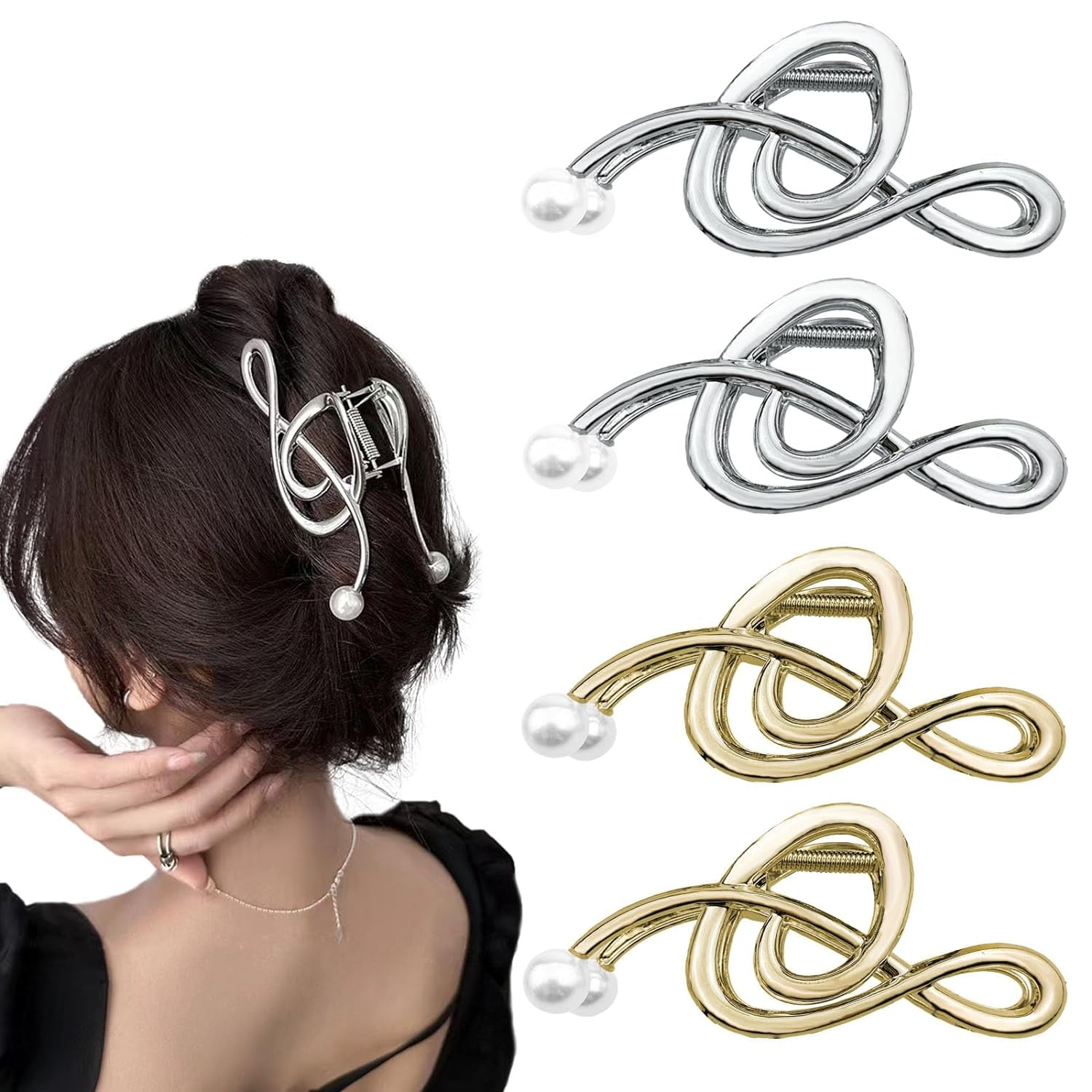 CHUNTIAN 4 PCS Musical Note Pearl Hair Clips for Thick Hair,Large Metal ...