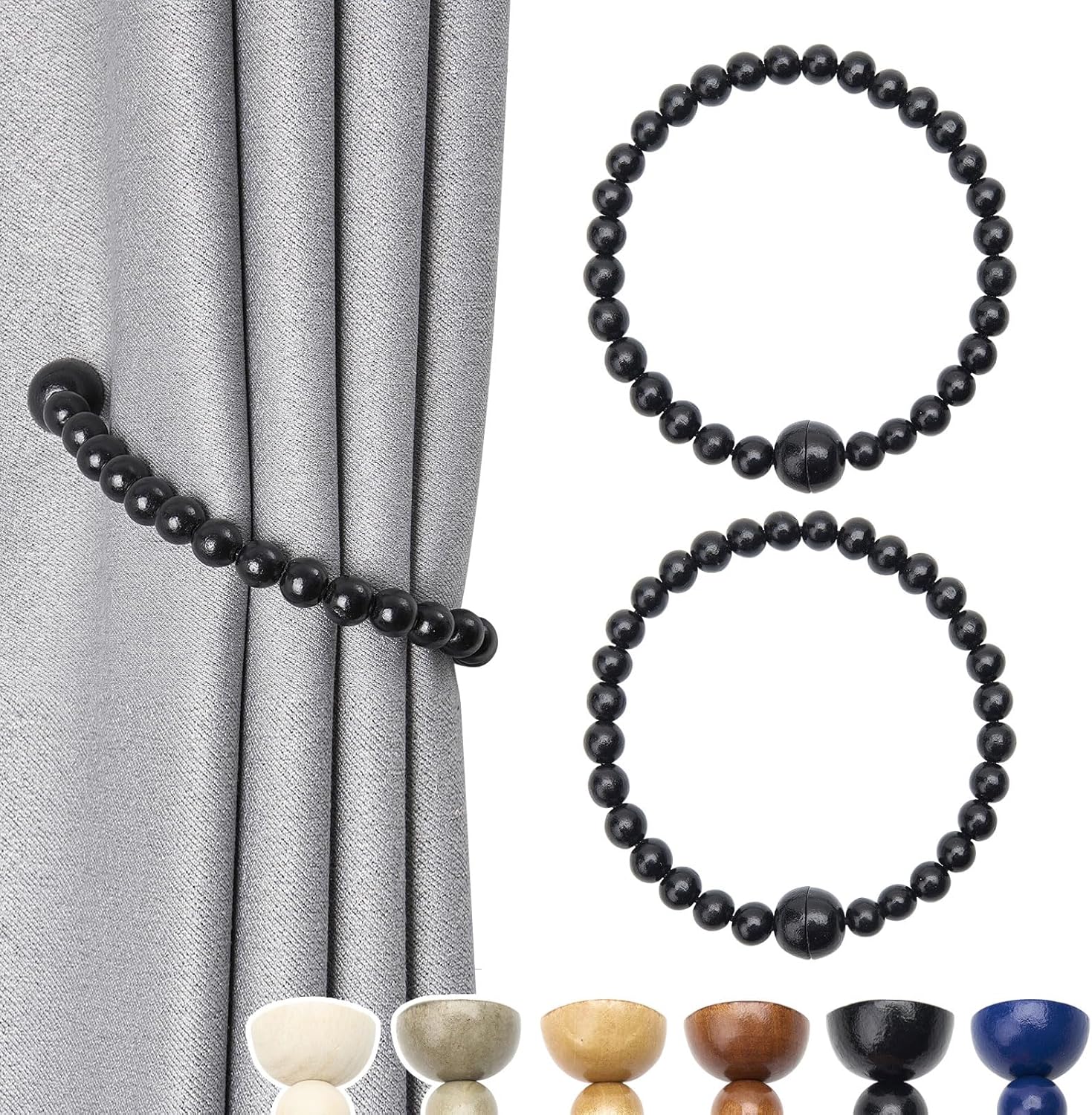 CHUNTIAN 4 Pack Wood Bead Curtain Tiebacks Boho Farmhouse Decor Drape ...