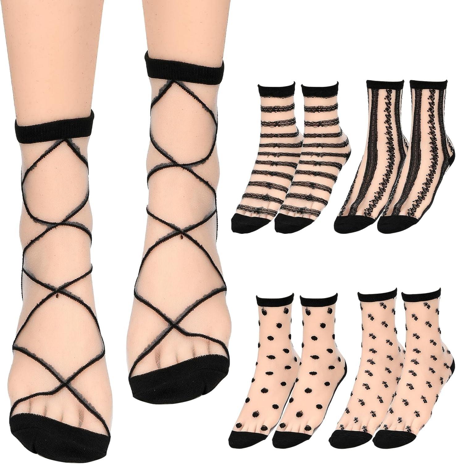 PTSPLLMY 5 Pairs Sheer Socks Black See Through Socks Checkered Dot ...