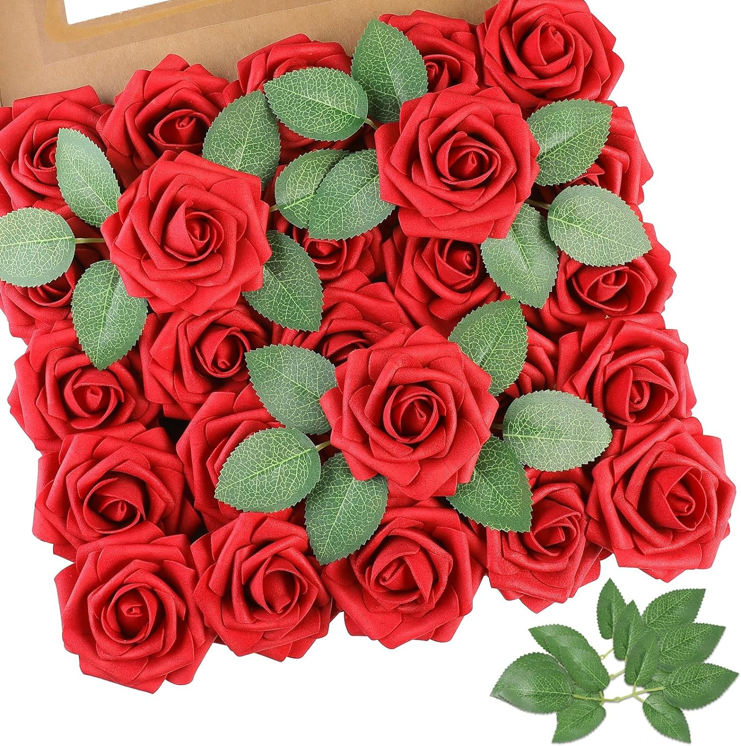 CHUNTIAN Artificial Flower Dark Red Rose 25pcs Real Looking Fake Roses ...