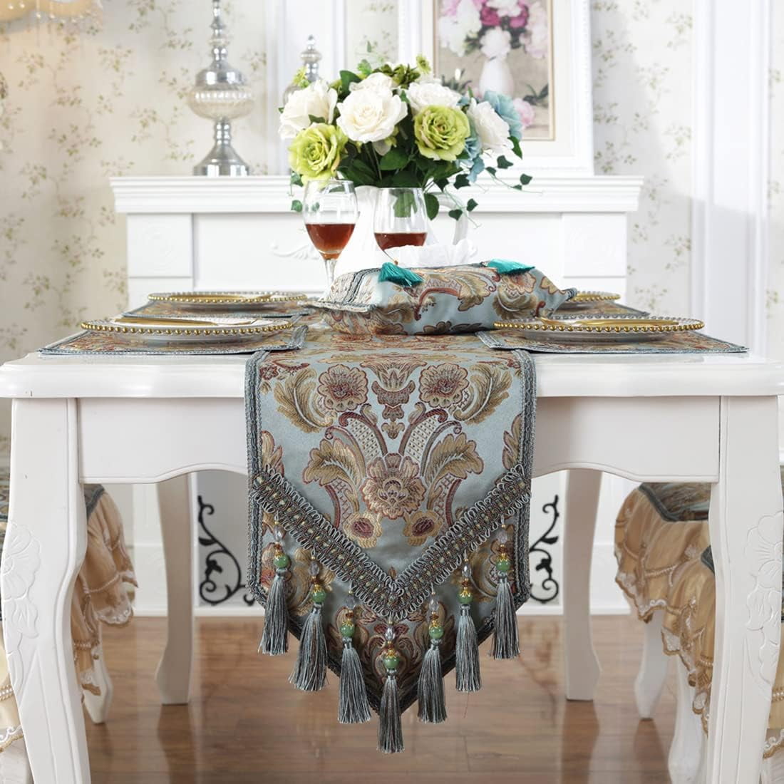 CHUNTIAN French Country Luxury Floral Pattern Table Runner with Beads ...