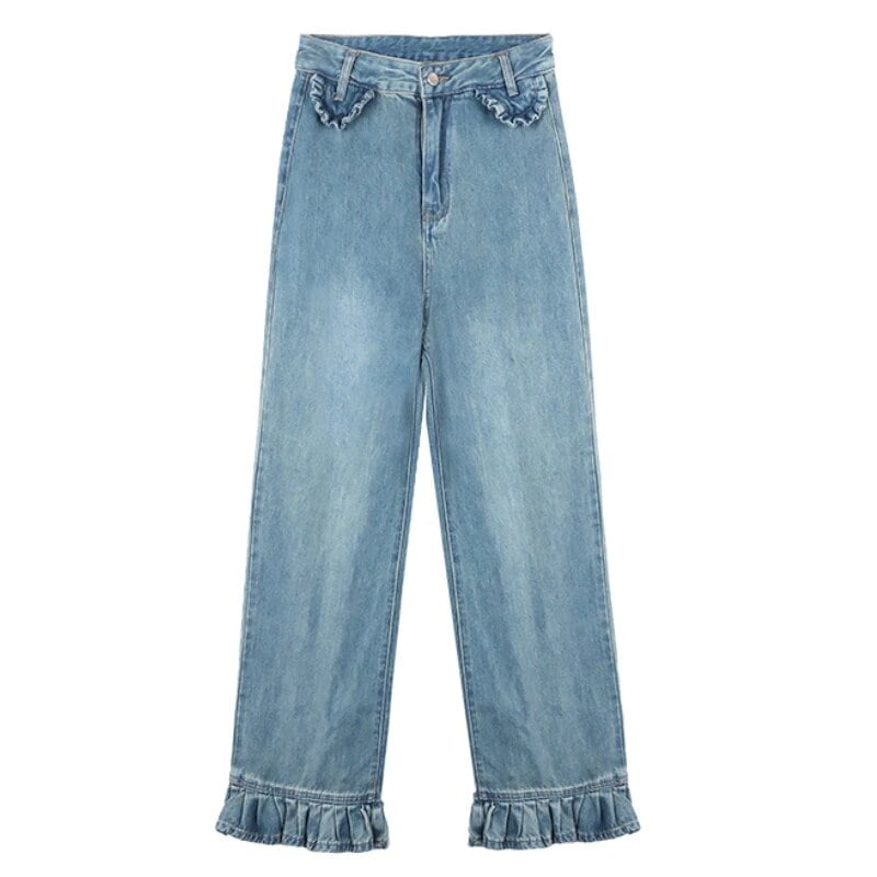 CHUNTIAN Gothic High Waist Denim Pants Women Chic Ruffles Ruffle Hem Jeans Wide Leg Female ...