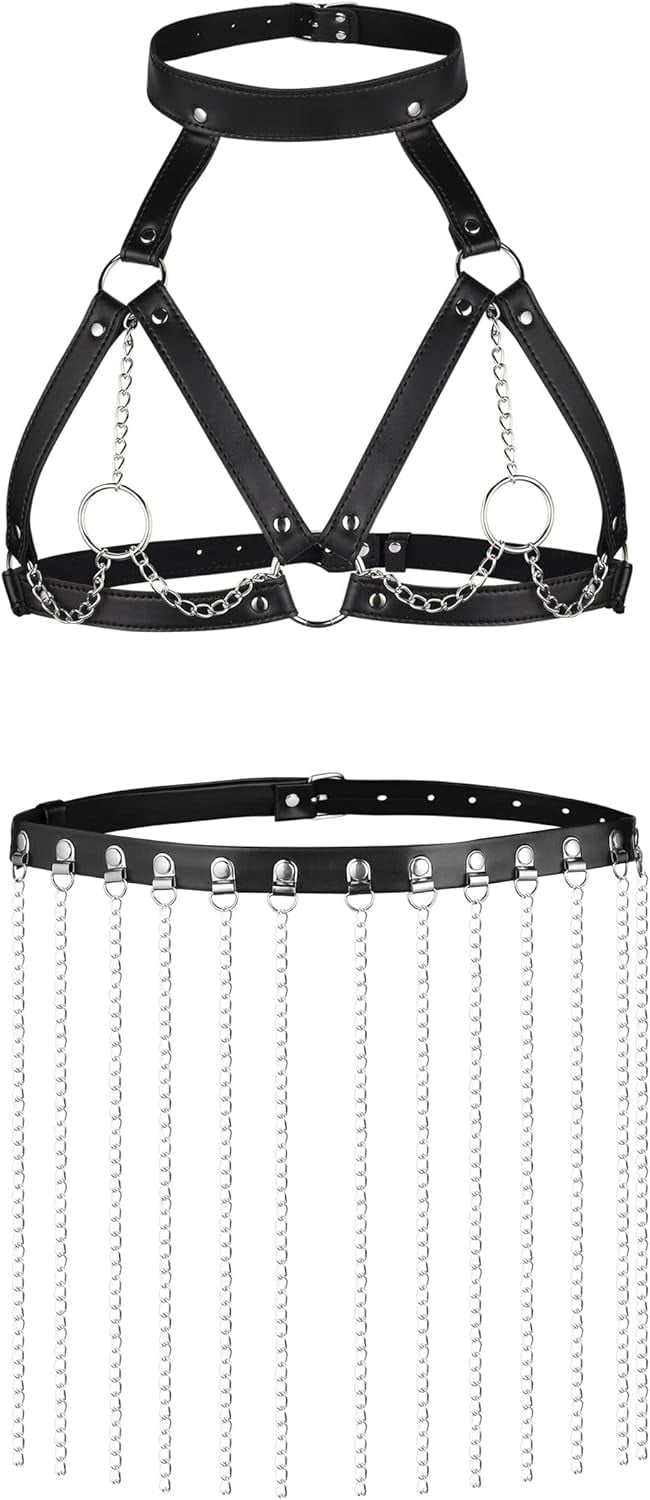CHUNTIAN Punk Waist Chain Belt Goth Body Harness for Women Leather ...