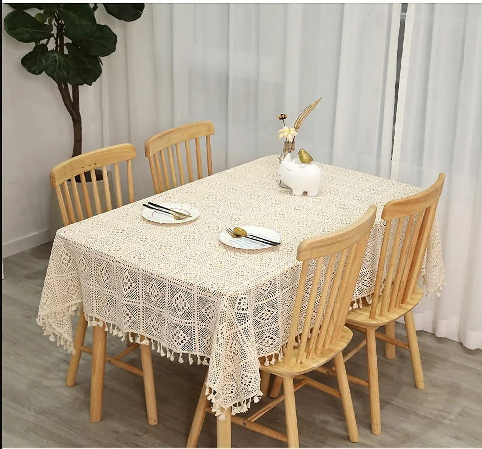 CHUNTIAN Rectangular Hollow Out Tablecloth Beige Rural Retro Crochet ...