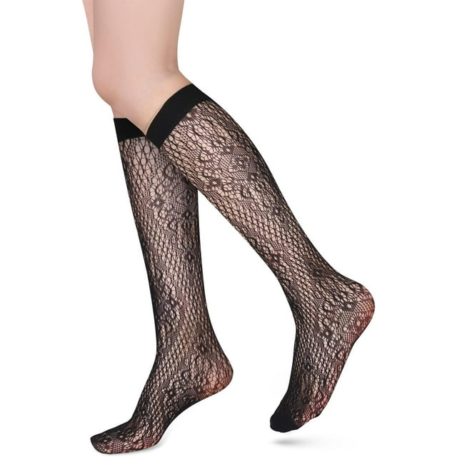CHUNTIAN Sox Womens Fishnet Knee High Socks Girls Hollow Out Black Lace ...