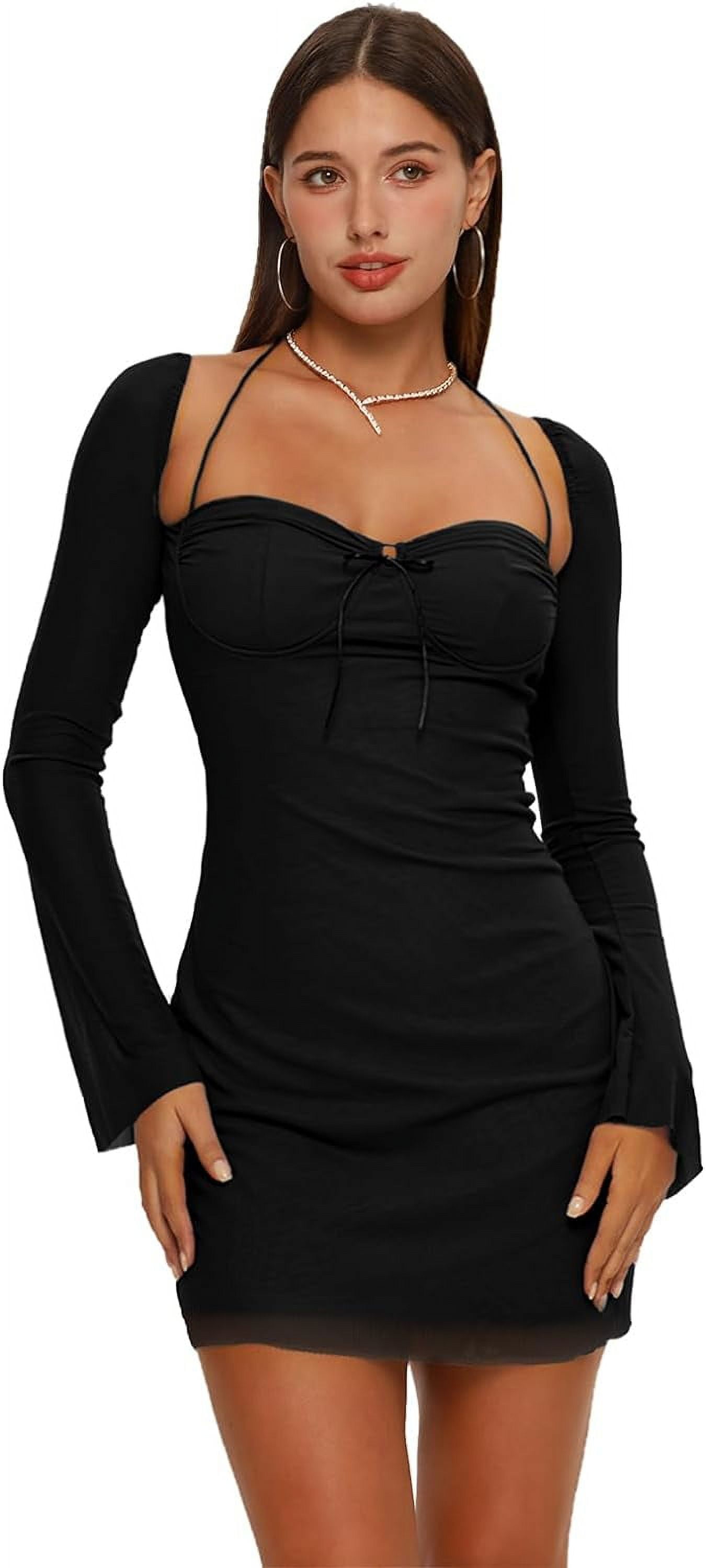 CHUNTIAN Women Long Puff Sleeve Mini Bodycon Mesh Dress Split Hem ...