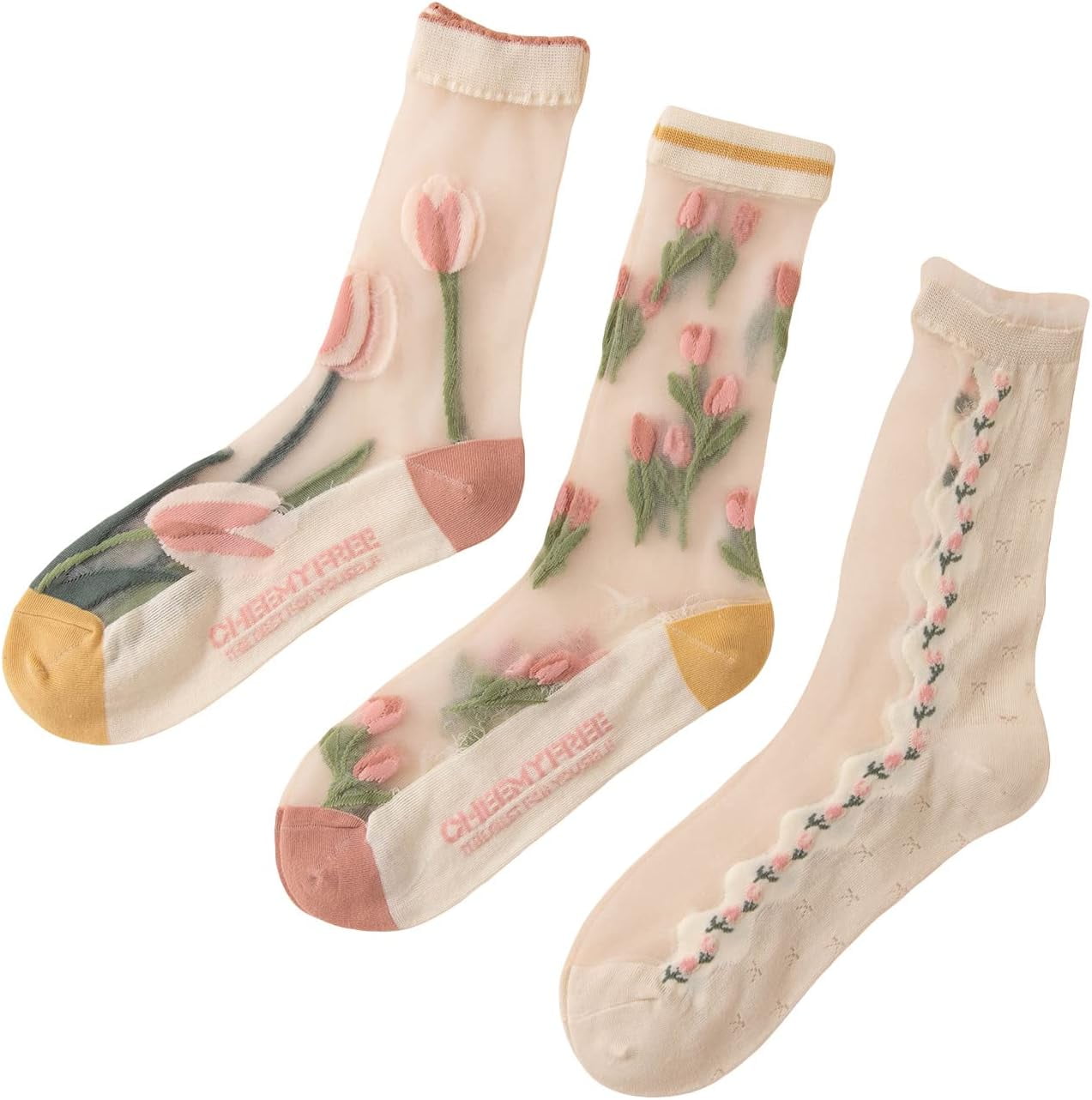 CHUNTIAN Women's 4 Pairs Sheer Mesh Flower Patterned Thin Casual Crew ...