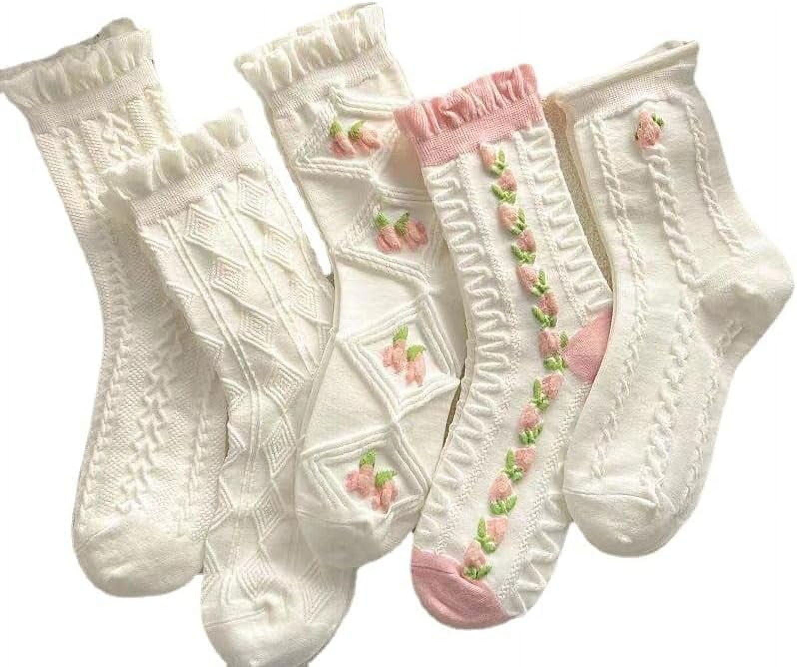 CHUNTIAN Women's 5 Pairs Floral Crew Socks Cottagecore Frilly Ruffle ...