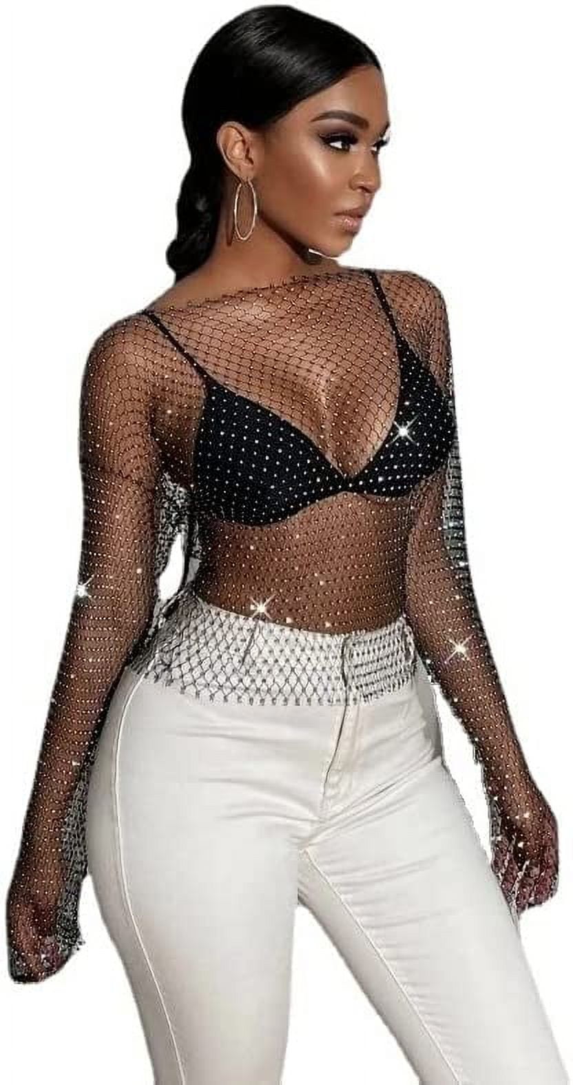 Chuntian Womens Sheer See Through Long Sleeve Mock Neck Mesh Tee