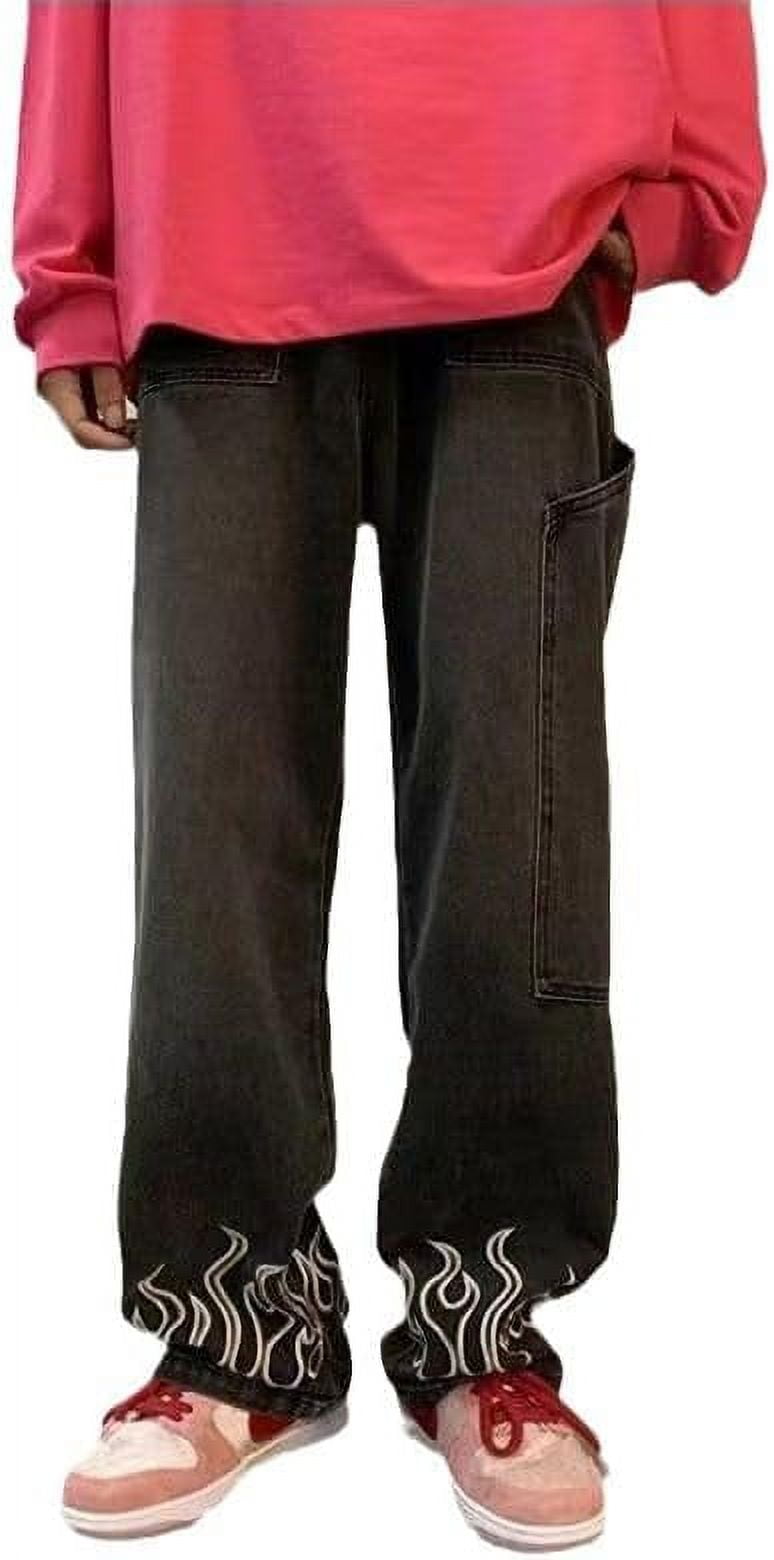 CHUNTIAN Y2k Hip Hop Flame Print Oversized Jeans for Men Acubi Baggy ...
